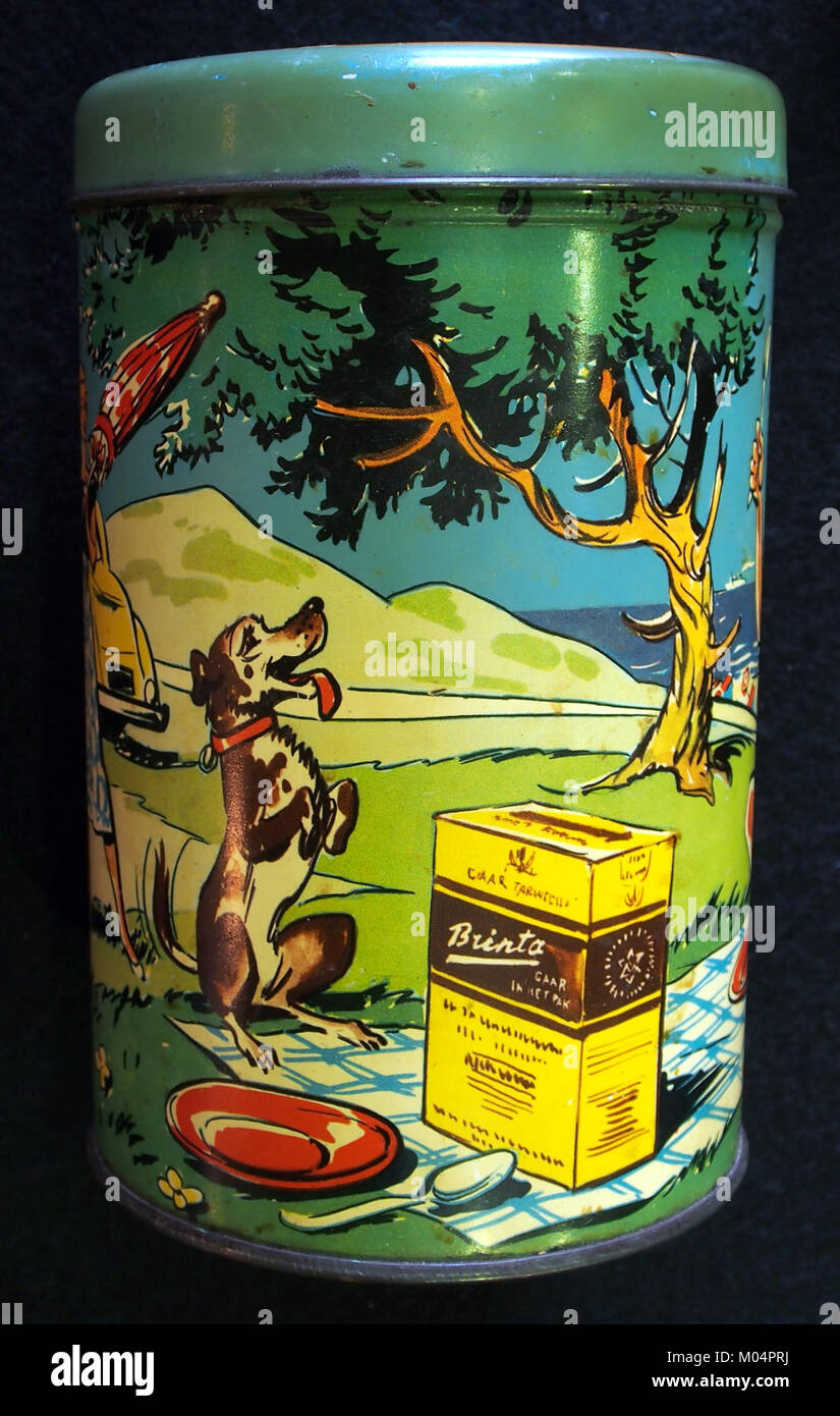 A vintage Brinta tin container, used for storing the Dutch cereal brand ...
