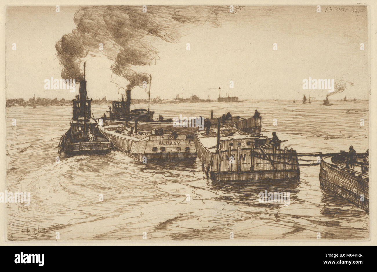 The image depicts canal boats and tugboats, vessels integral to the ...