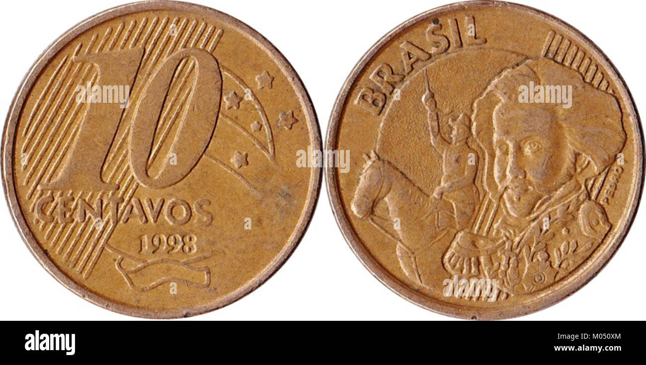 A Brazilian coin, valued at R$0.10, minted in 1998, representing the ...