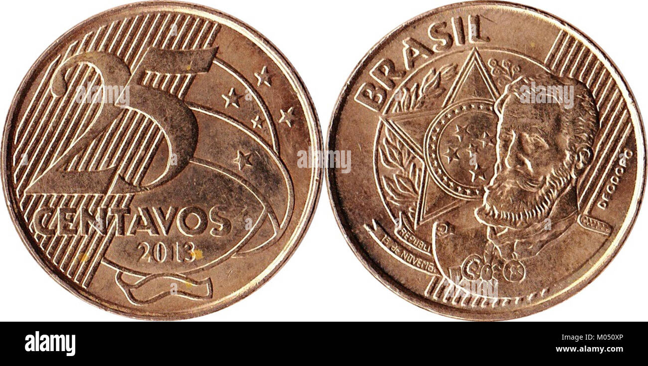 A 2013 Brazilian coin with a value of R$0.25, representing the country ...