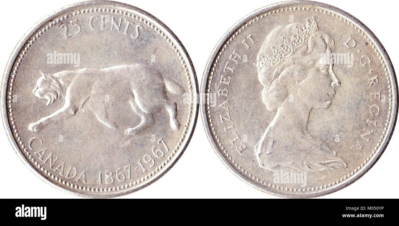 A 1967 Canadian coin valued at $0.25, reflecting the currency used in ...