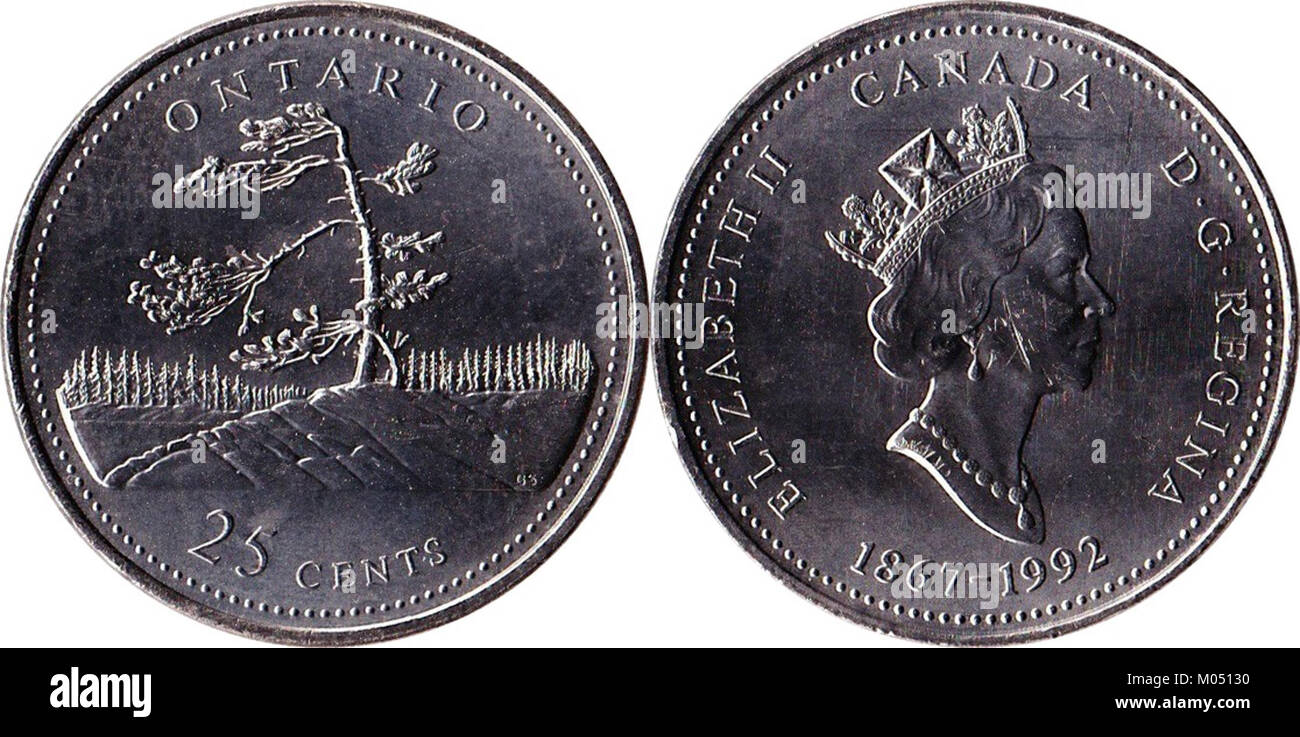 A 1992 Canadian quarter featuring the design and symbols of Ontario ...