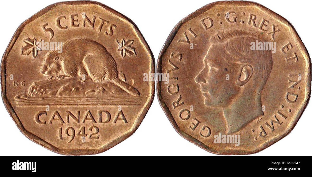 The 1942 Canadian five-cent coin features significant historical ...