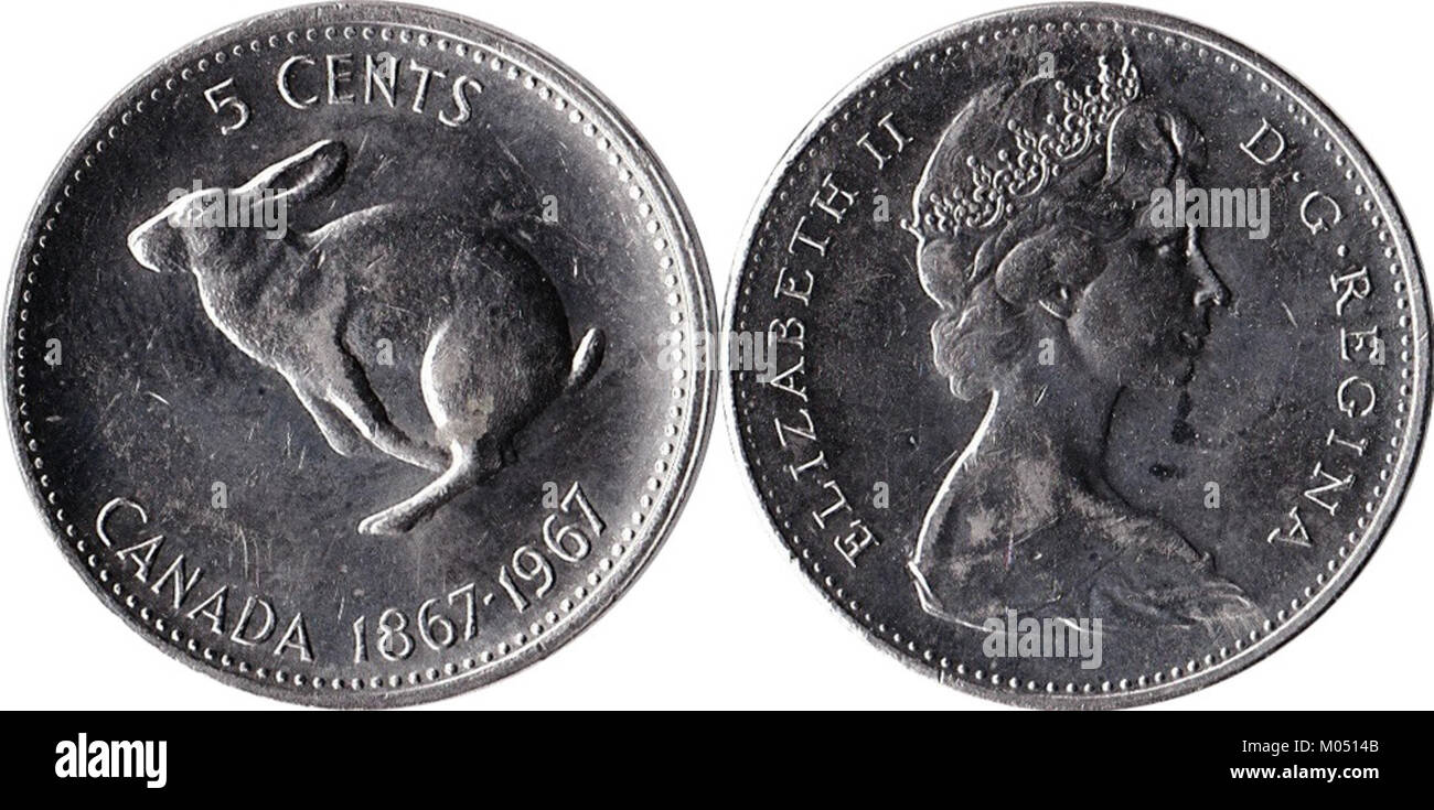 A Canadian 5-cent coin from 1967, featuring the beaver, which is part ...