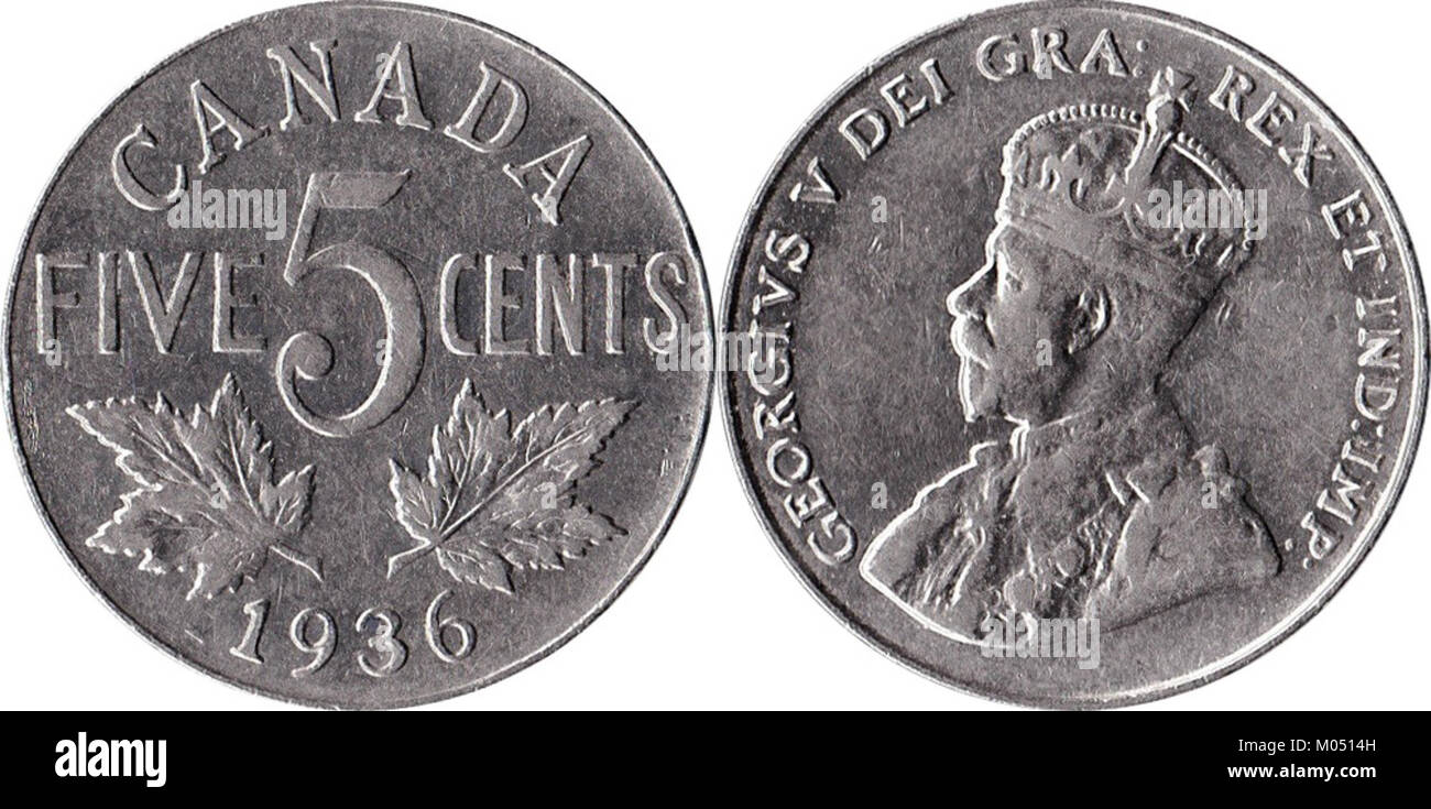 A 1936 Canadian five-cent coin, representing an important piece of the ...