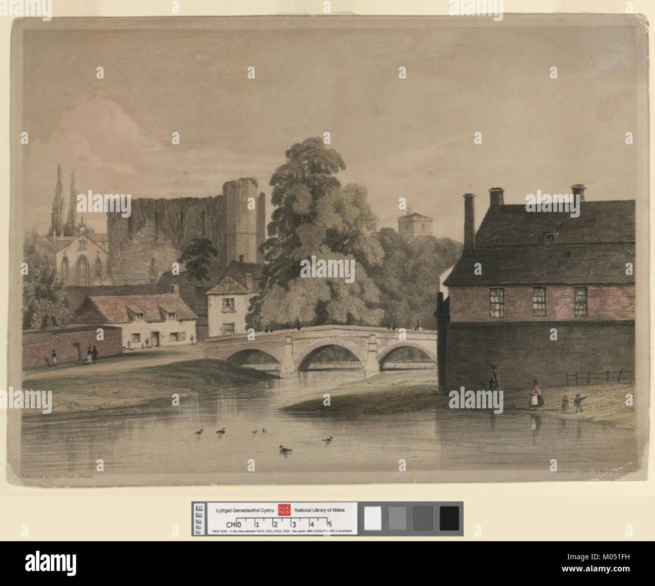 A view of Brecon Castle and Priory Church as seen from Usk Bridge ...