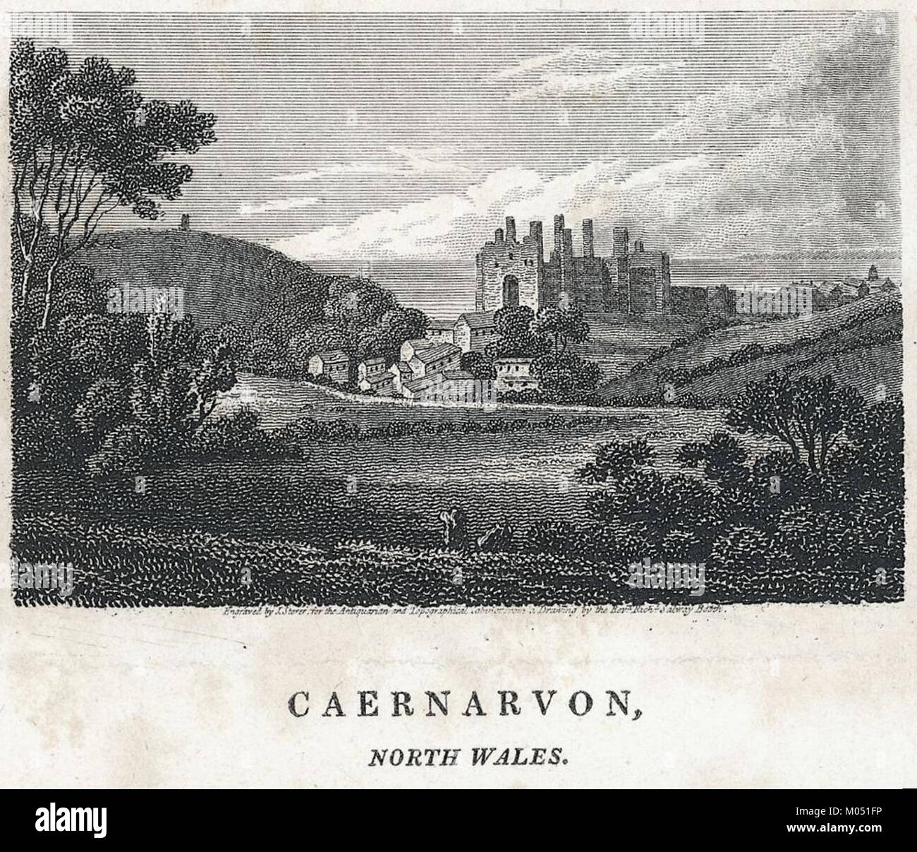 An 1800s engraving of Caernarfon, a town in Gwynedd, north-west Wales ...