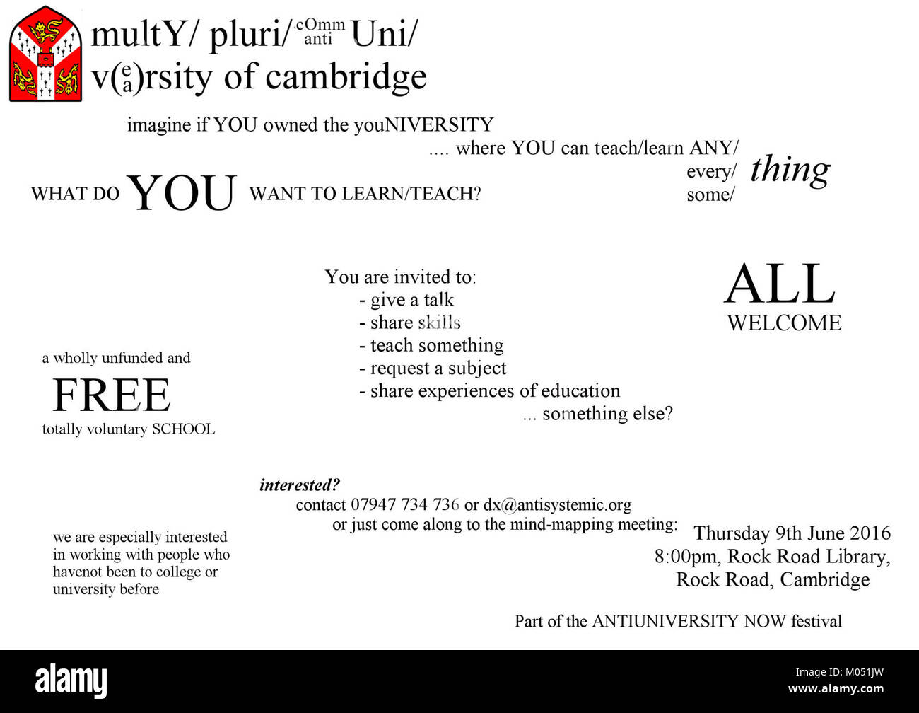 This flyer promotes an event by the Cambridge Antiuniversity, an ...