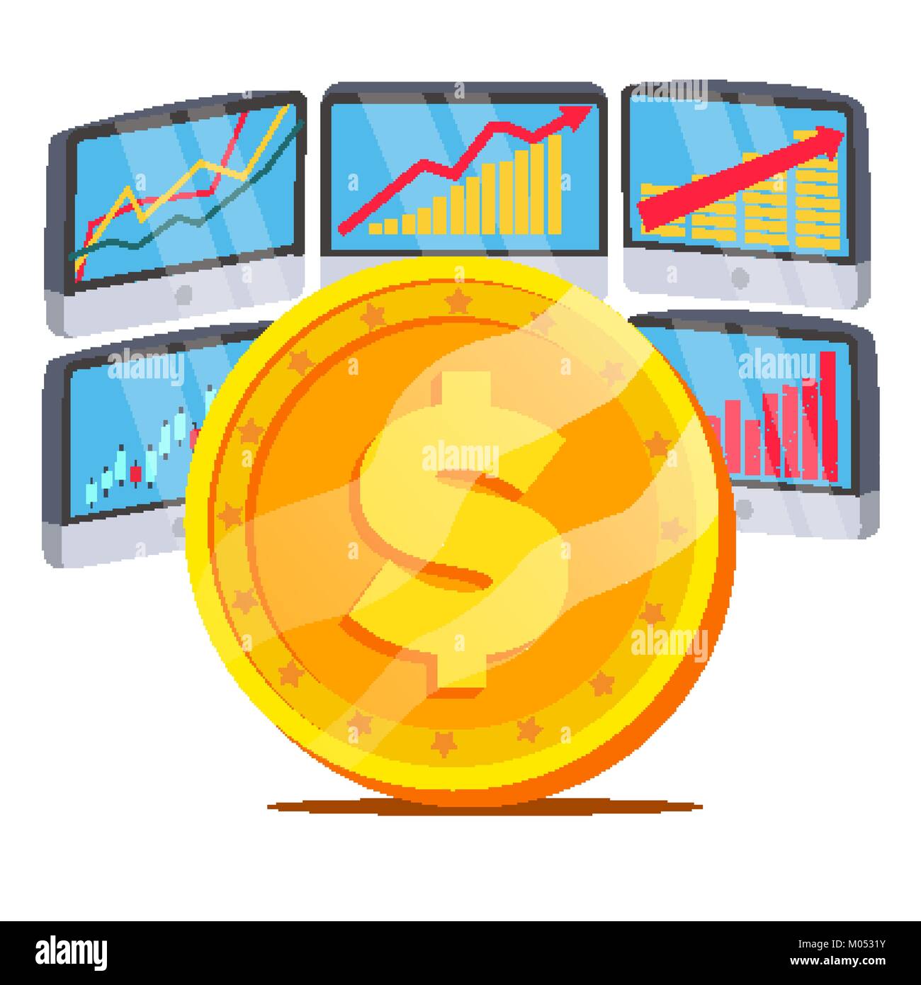 Dollar With Graph Diagram Vector. Trading Monitors And Trend. Currency ...