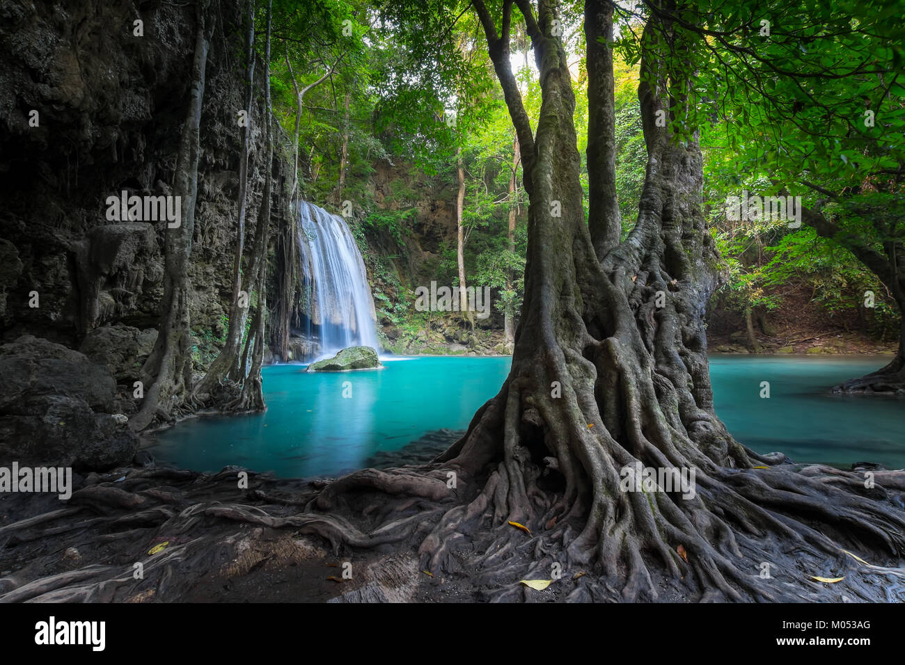 Jungle landscape with flowing turquoise water of Erawan cascade ...