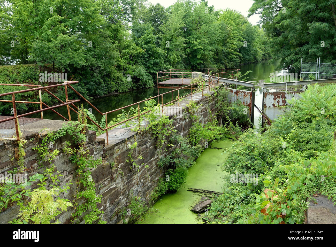 The image depicts a canal lock located on the Windsor Locks Canal State ...