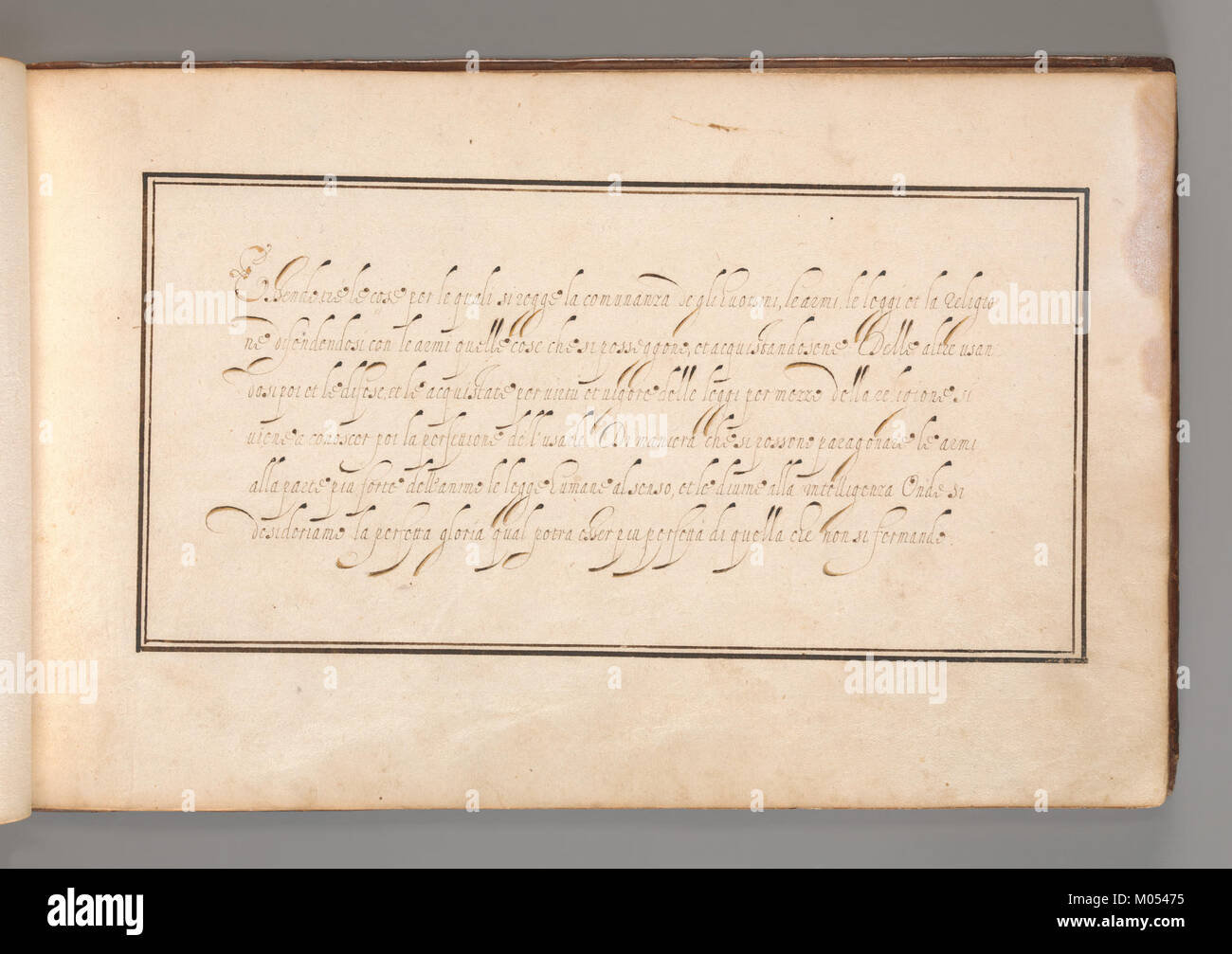 The image showcases a calligraphic exercise in Italian, written in ...