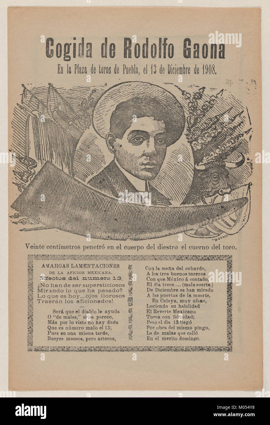 Broadsheet detailing a bullfight featuring Rodolfo Gaona, a renowned ...