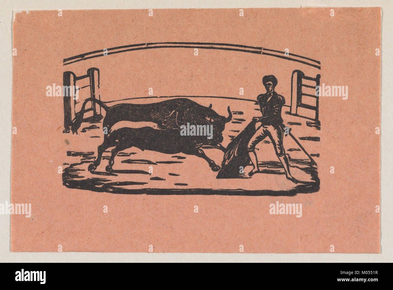 A depiction of a bullfight, illustrating a bull on the left and a man ...