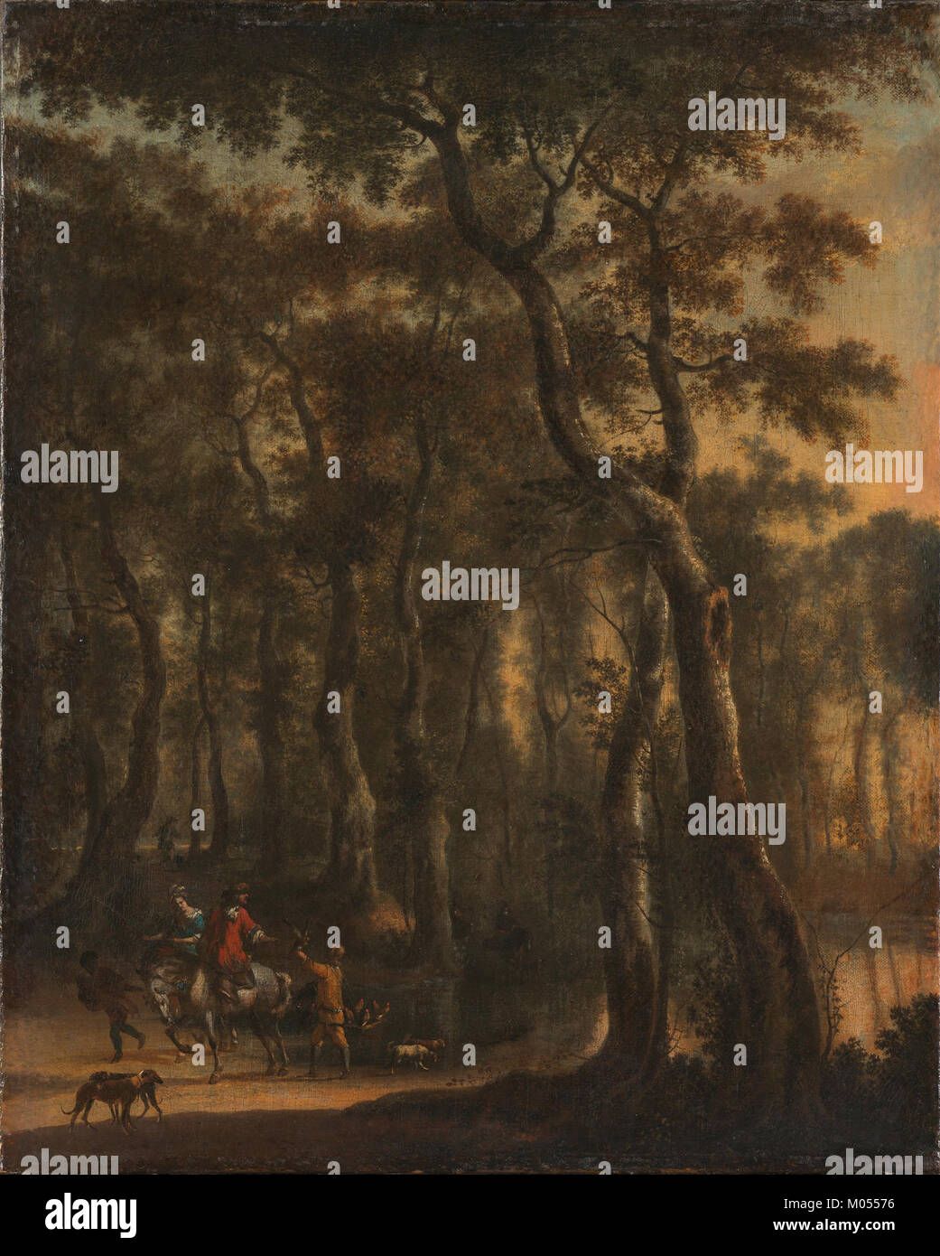 'Bosgezicht met jagers' is a landscape painting depicting hunters in a ...