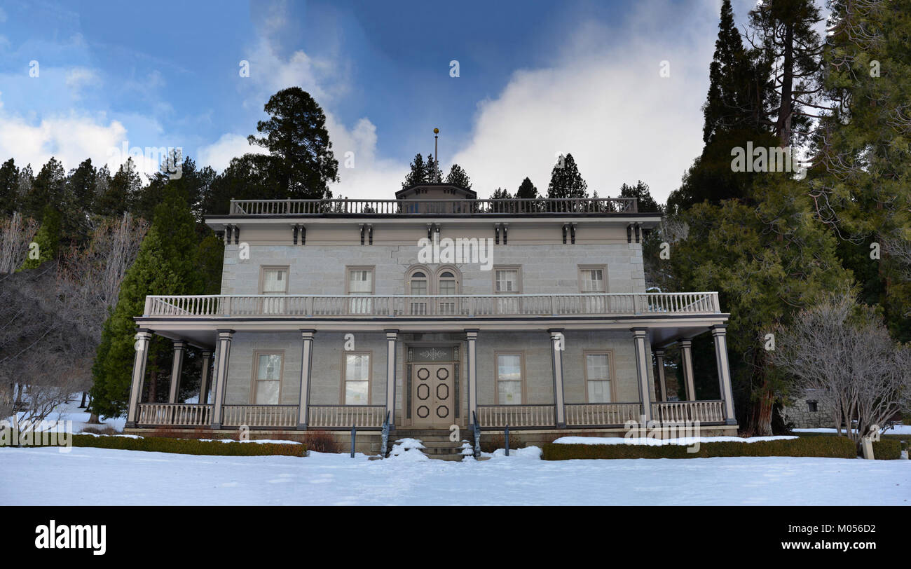 The front view of Bowers Mansion, a historic building in Nevada, known ...