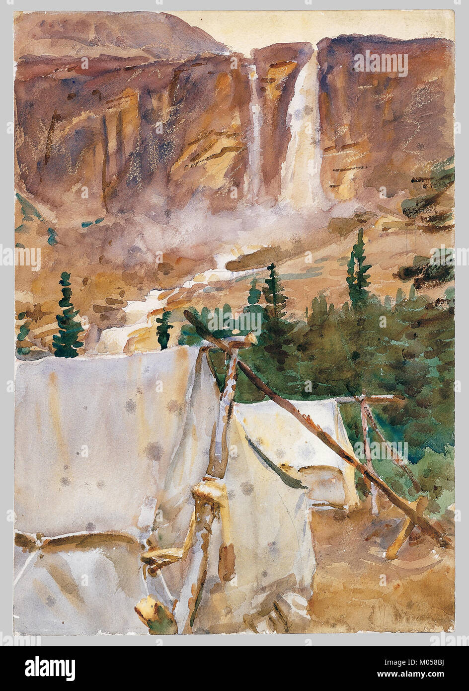 The artwork titled 'Camp and Waterfall' showcases a serene landscape ...