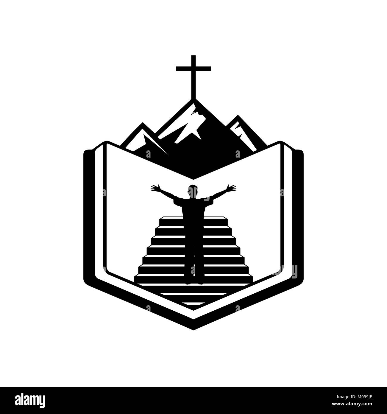 Christian illustration. A man in the background of the Bible worships ...