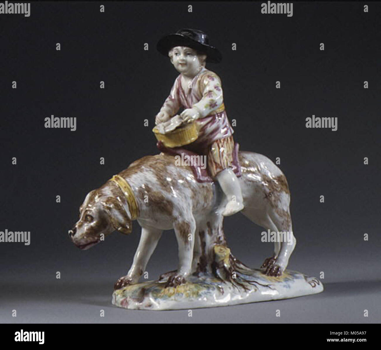 A charming depiction of a boy riding a dog, captured in a historical ...