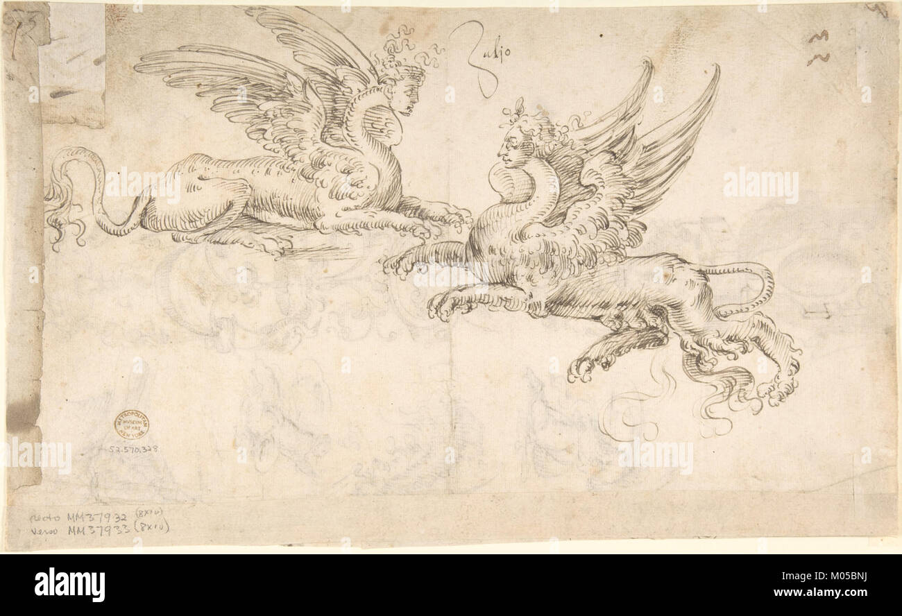 This artwork features grotesque figures and two griffins with female ...