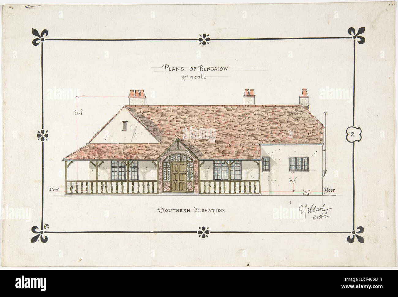 This drawing depicts the southern elevation of a bungalow design ...