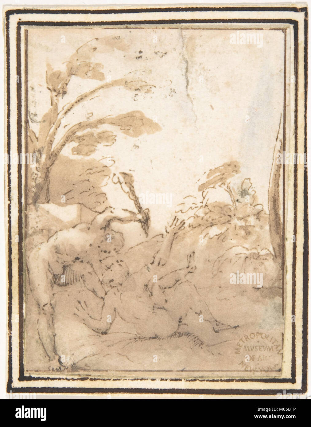 This artwork depicts the biblical scene of Cain slaying Abel ...