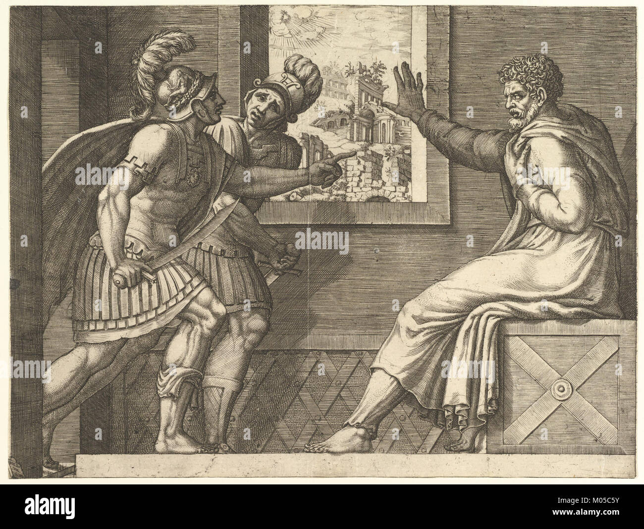 This artwork depicts the Roman general Caius Marius in prison, with two ...