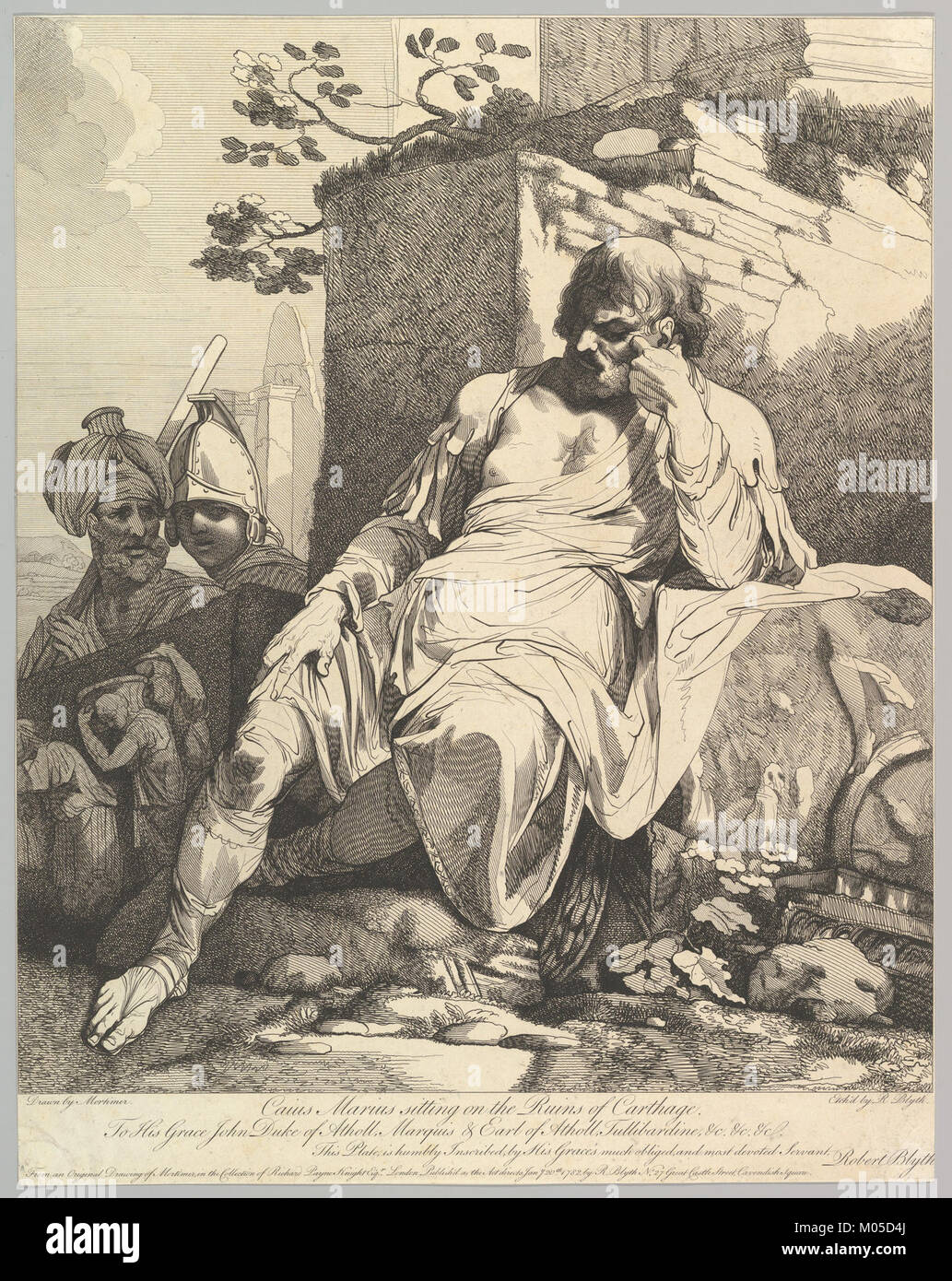 A depiction of Caius Marius, a Roman general, standing amidst the ruins ...