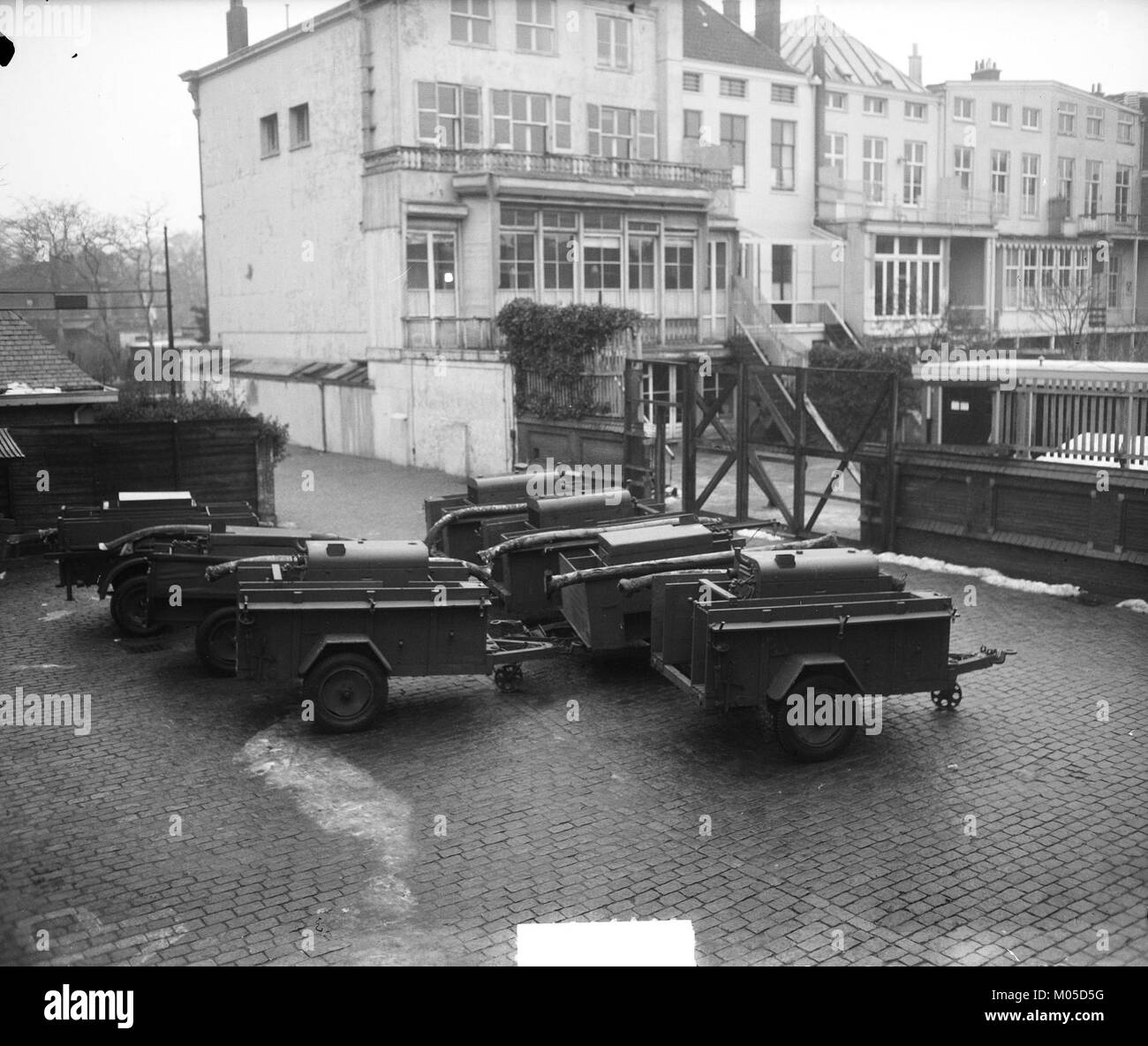 This historical image shows fire-fighting materials for civil defense ...