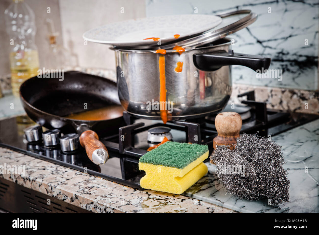 Messy kitchen with dirty cookware, a single lifestyle concept Stock ...