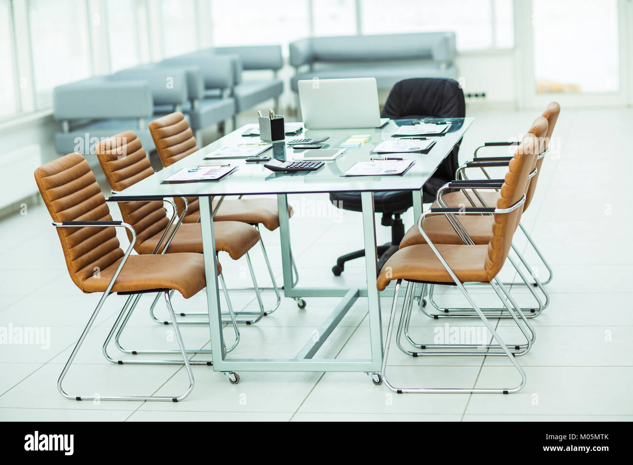 Desk with documents prepared by the beginning of business negotiation ...