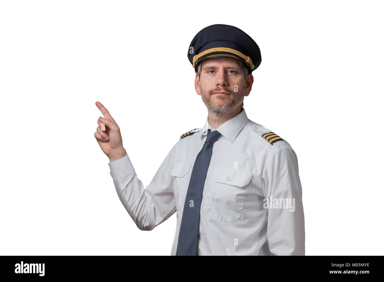 Pilot with cap and golden stripes pointing finger in the air Stock ...