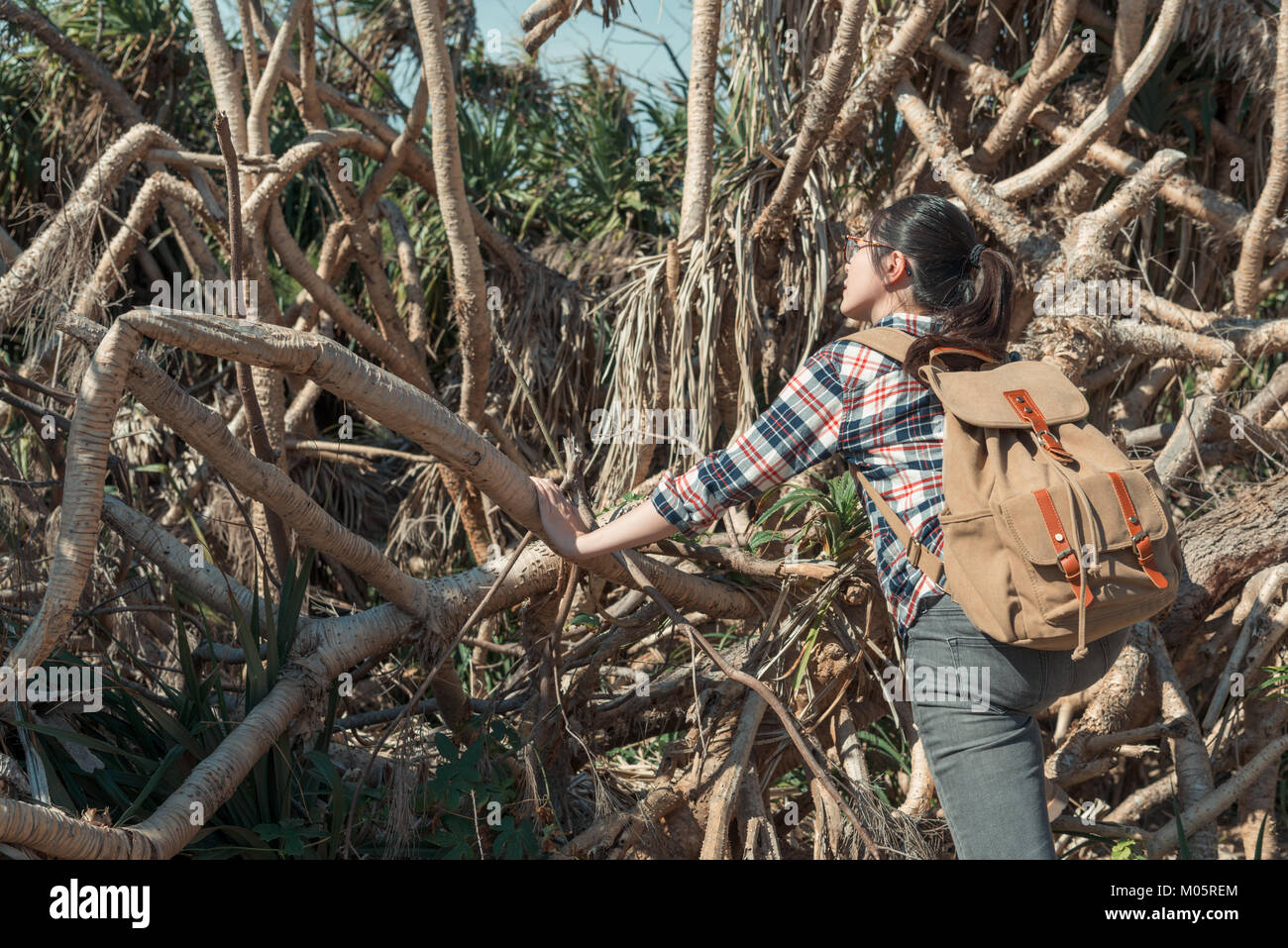 back view photo of confident young woman adventurer standing in front ...