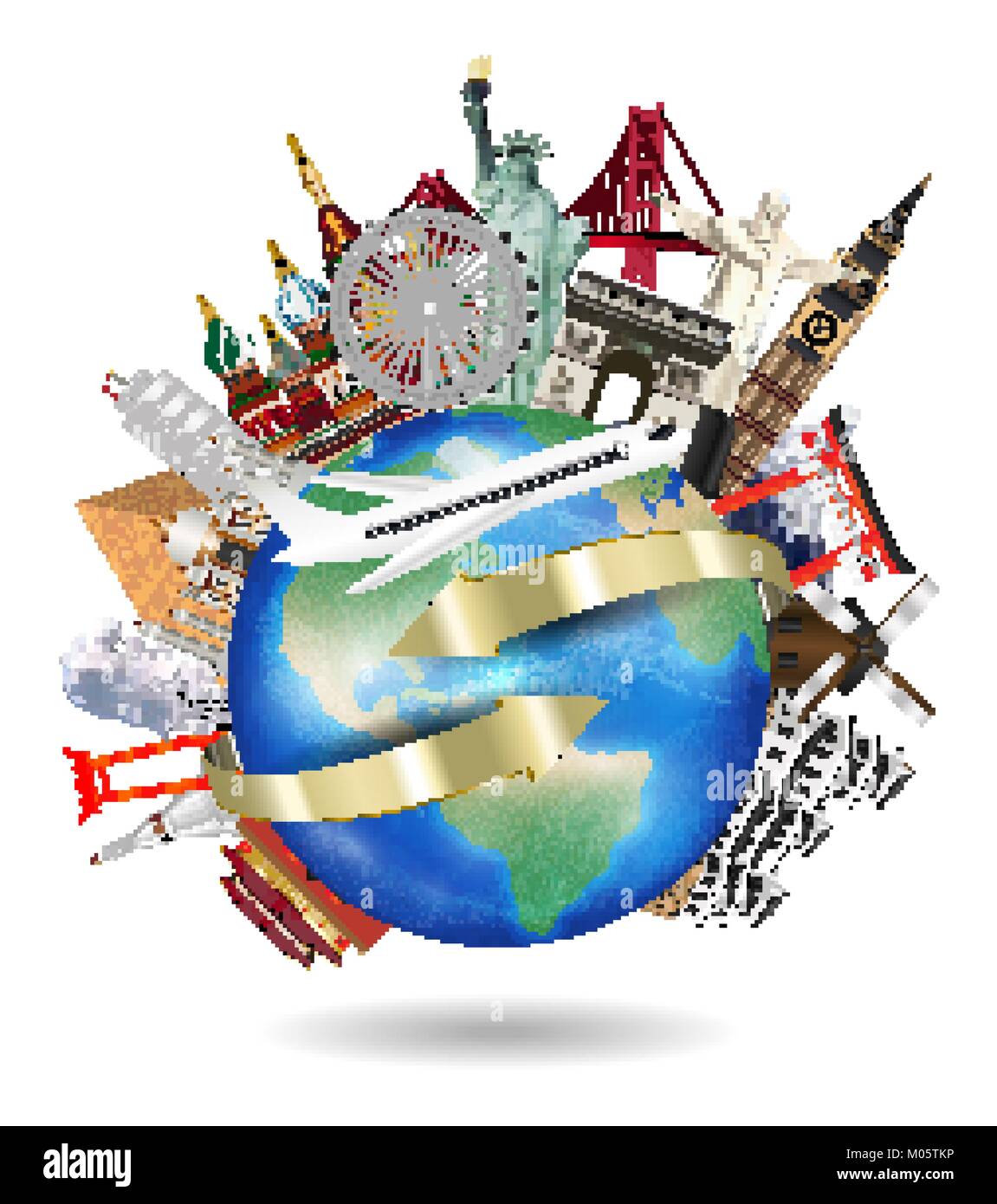 Airplane flying around the world with landmark Stock Vector Image & Art ...
