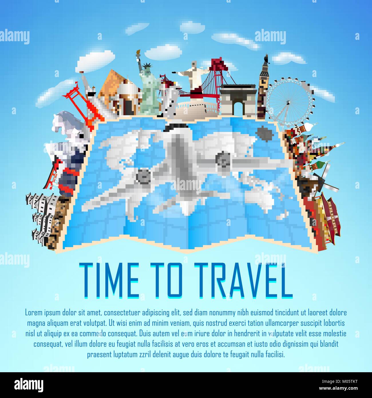 airplane fly over world map with world landmark Stock Vector Image ...