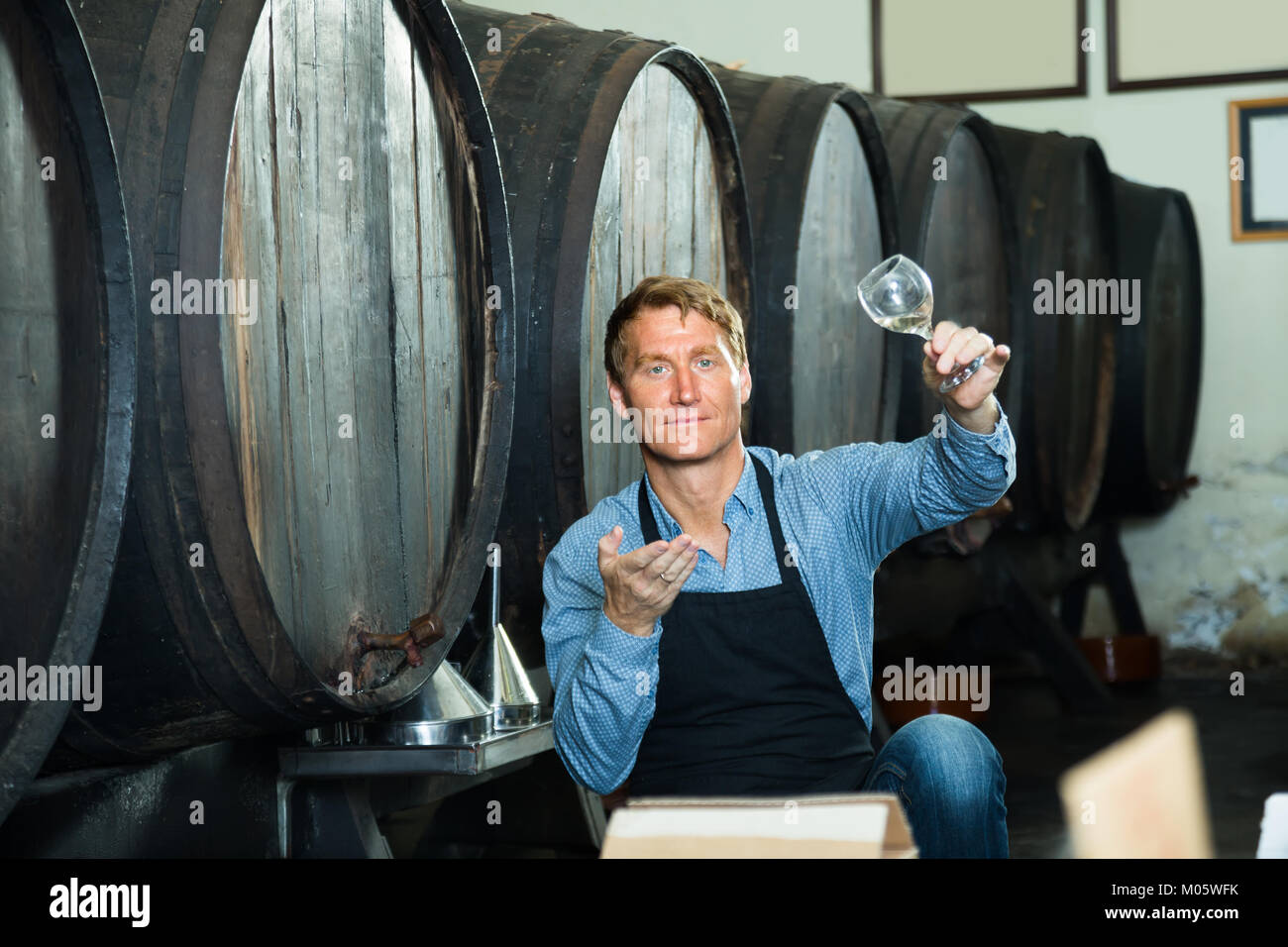 professional winemaker holding glass of wine poured from wood barrel in ...