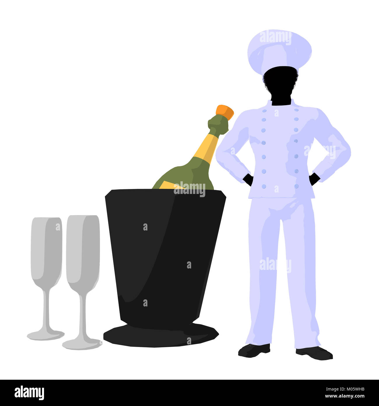African american chef and champagne silhouette on a white background ...