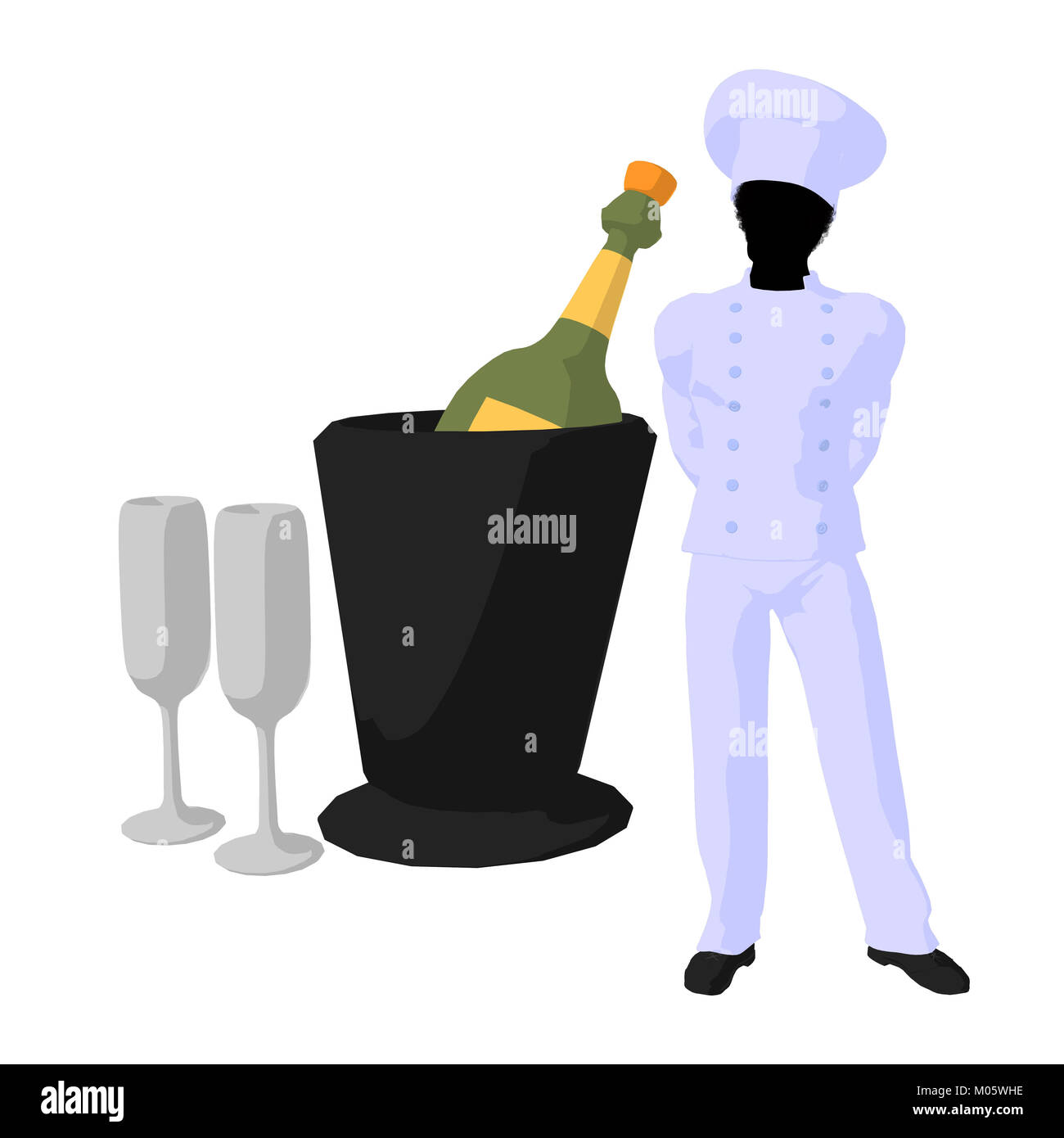 African american chef and champagne silhouette on a white background ...