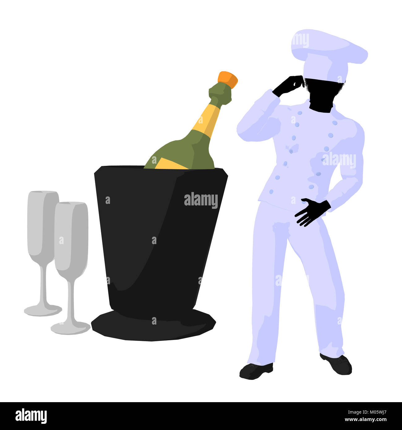 African american chef and champagne silhouette on a white background ...