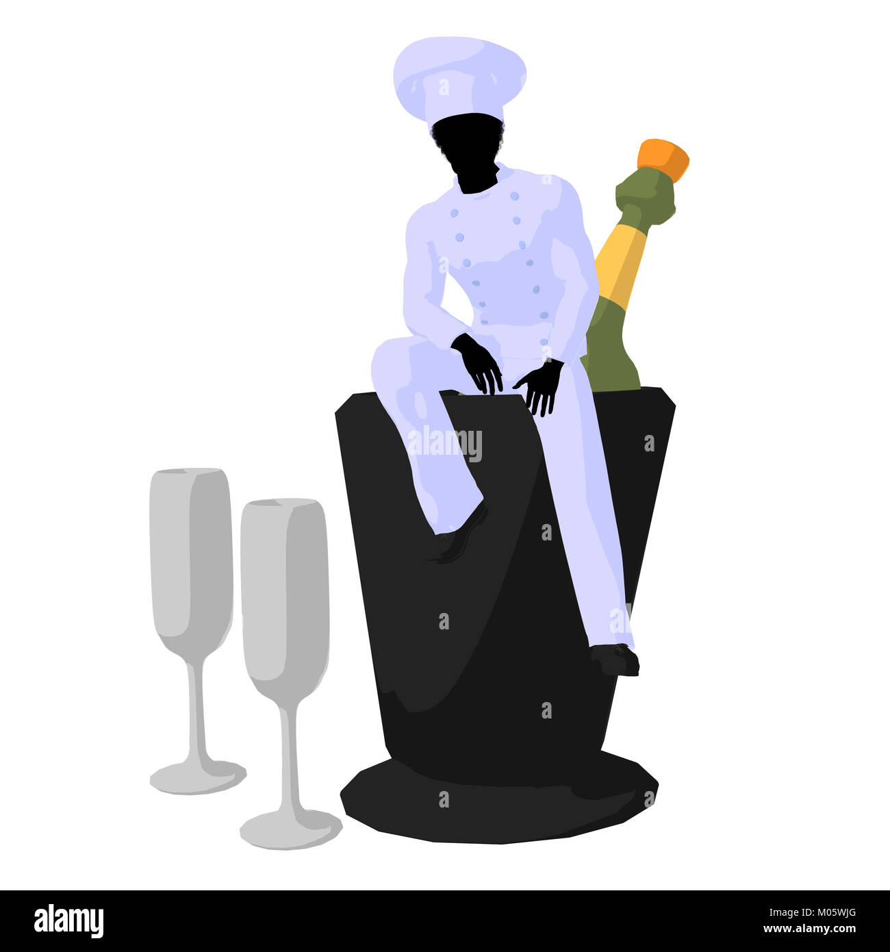 African american chef and champagne silhouette on a white background ...