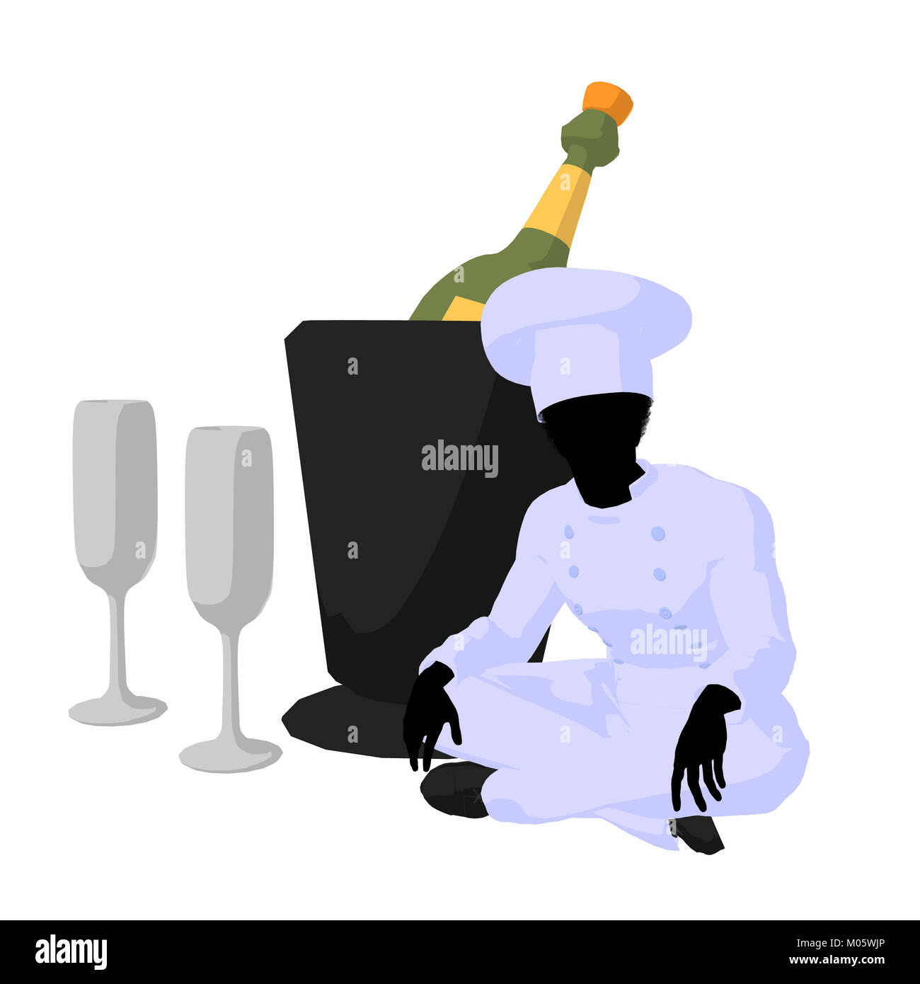 African american chef and champagne silhouette on a white background ...