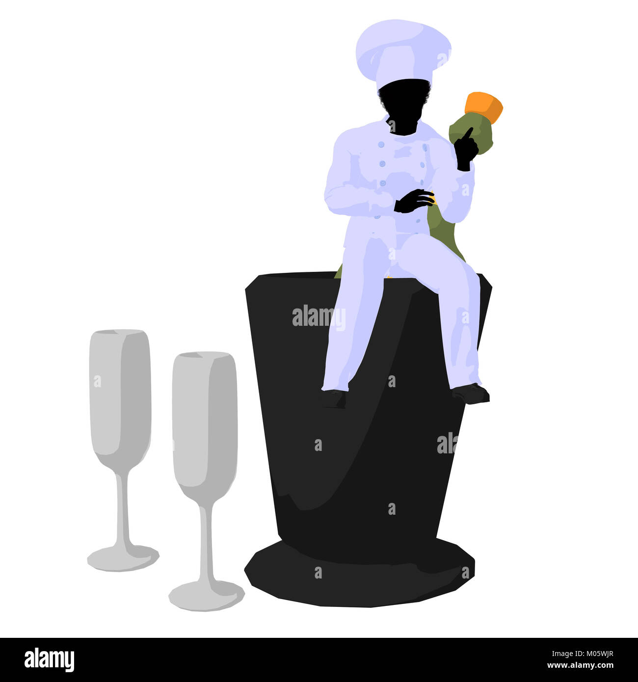 African american chef and champagne silhouette on a white background ...