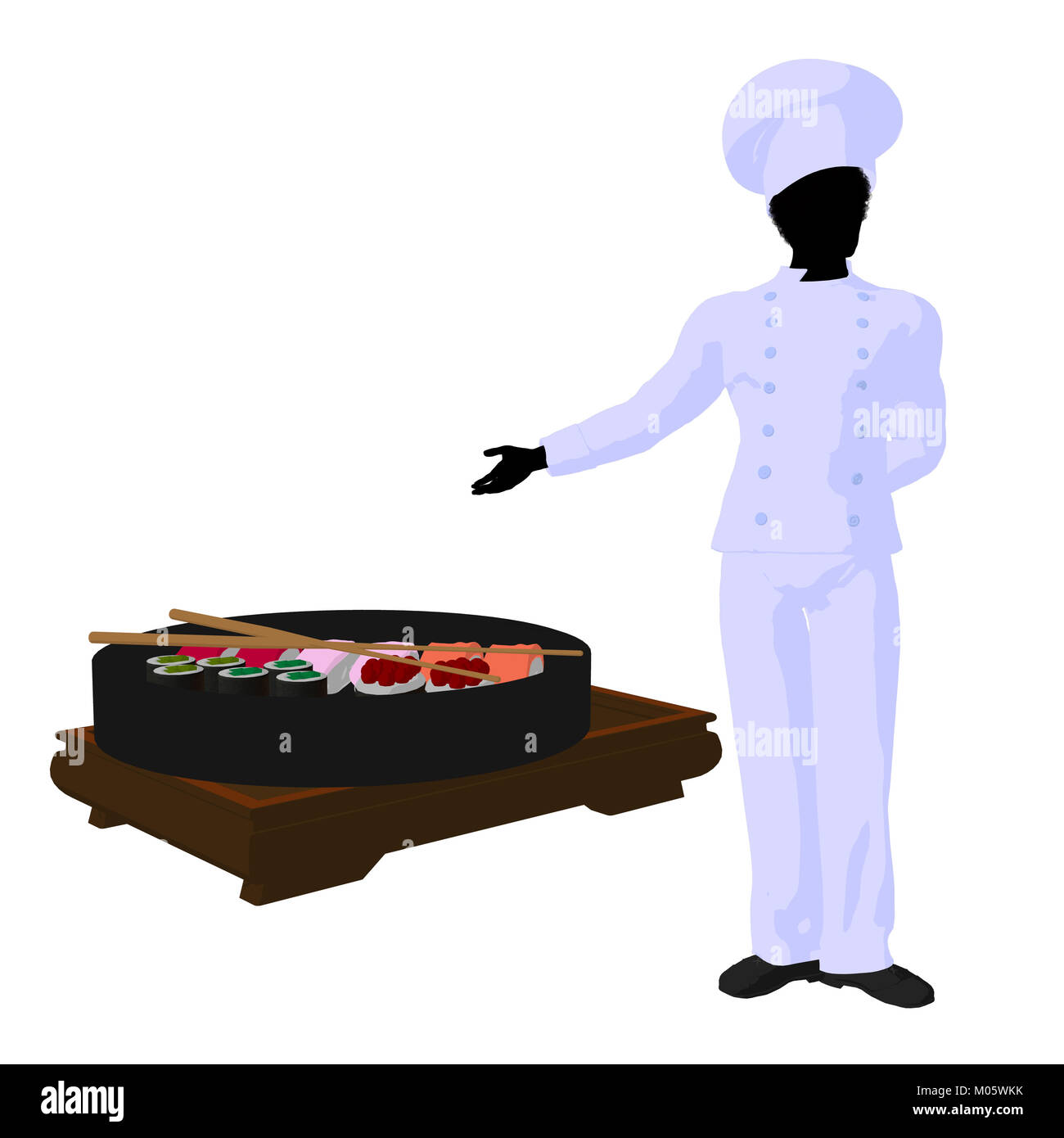 African american chef with sushi silhouette on a white background Stock ...