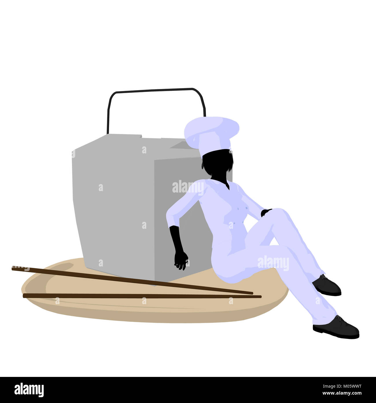 Female chef with a takout food container silhouette on a white ...