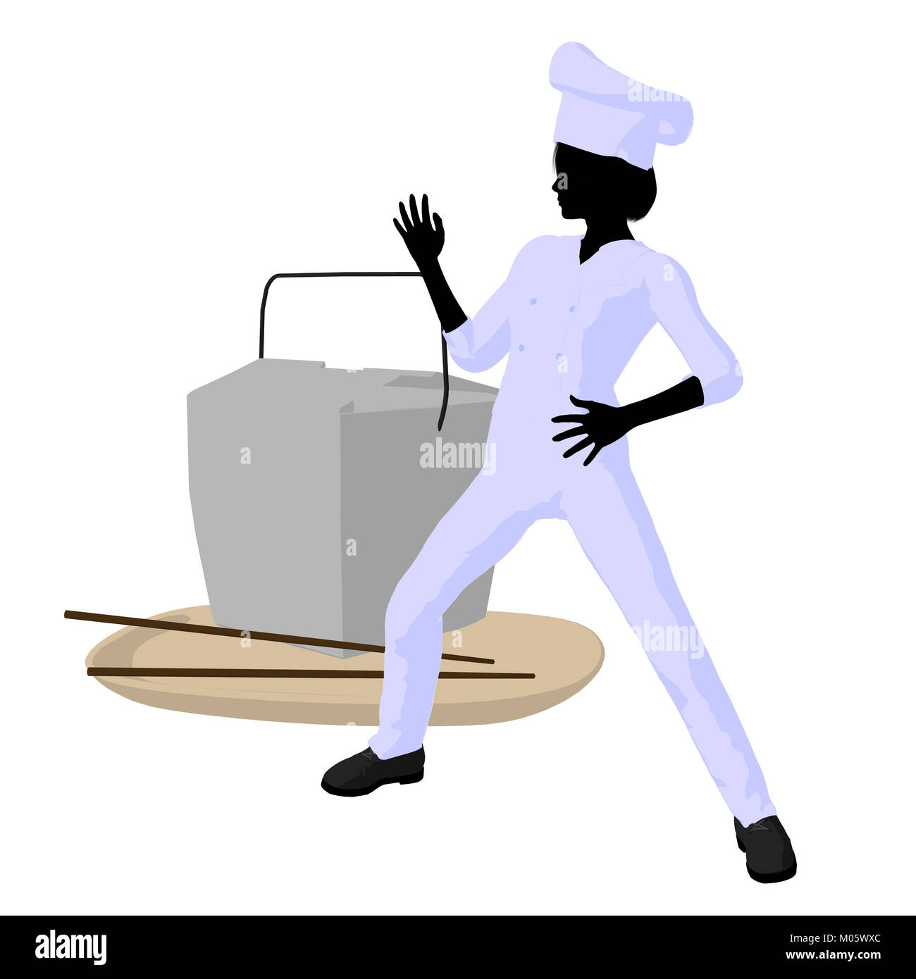 Female chef with a takout food container silhouette on a white ...