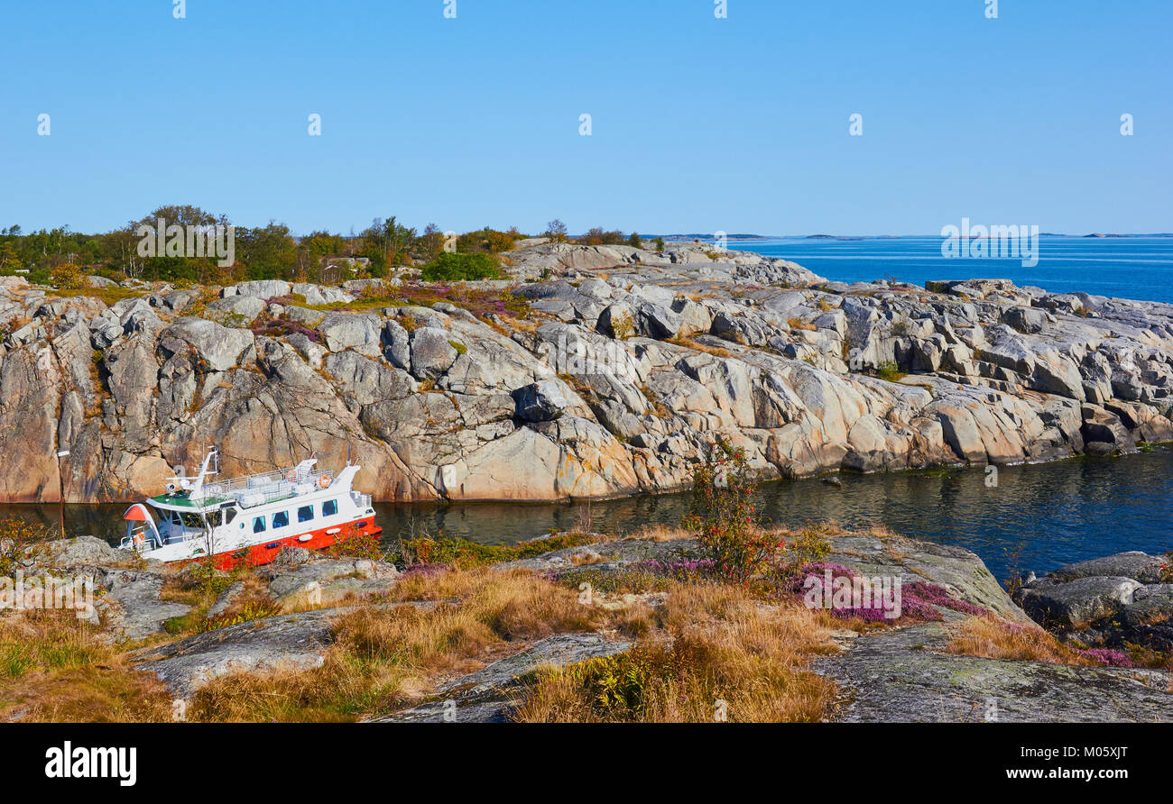 Ferry boat moored in harbour on island of Oja (Landsort), Sweden ...