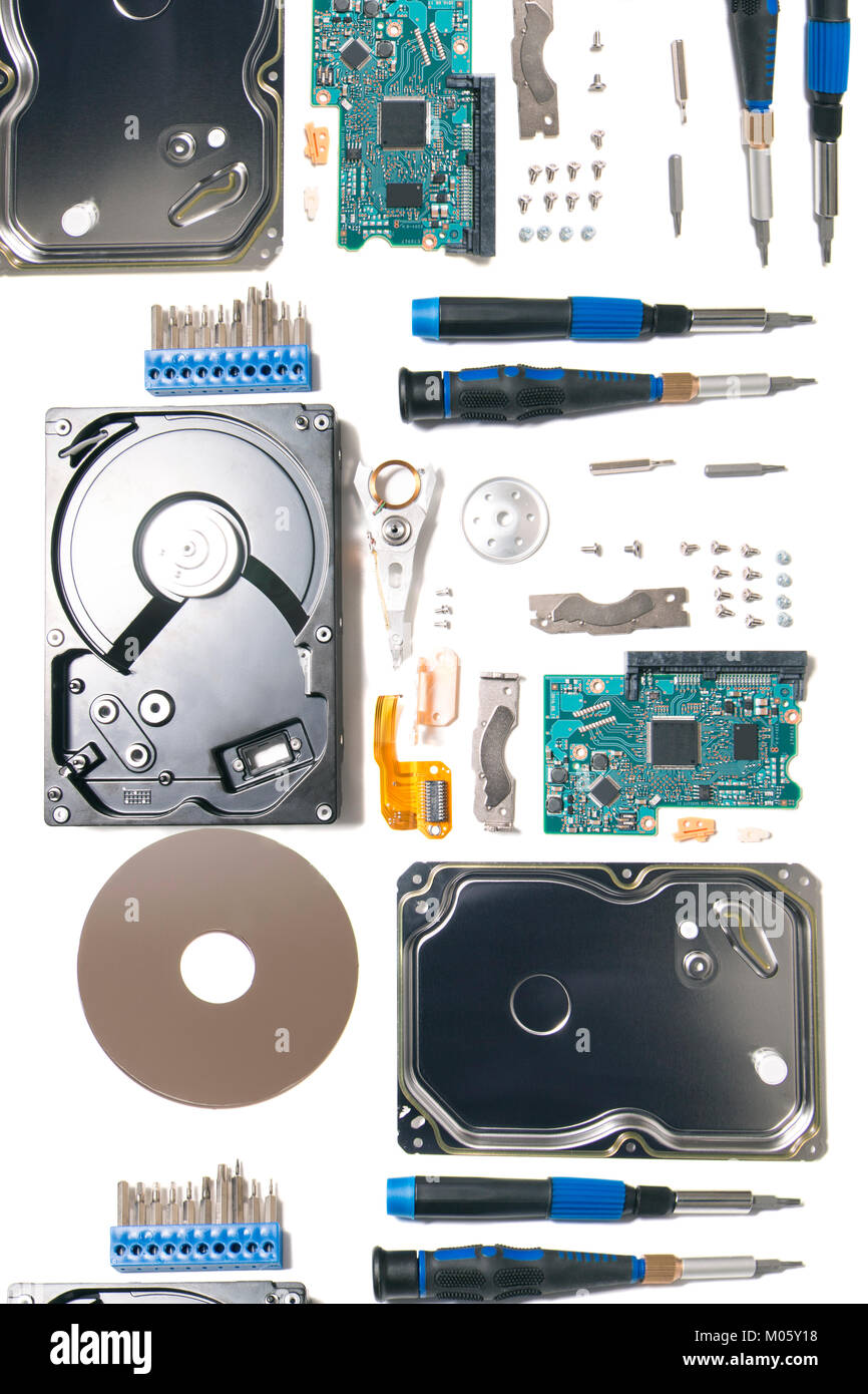 Disassembled hard disk drive parts isolated on a white background Stock ...