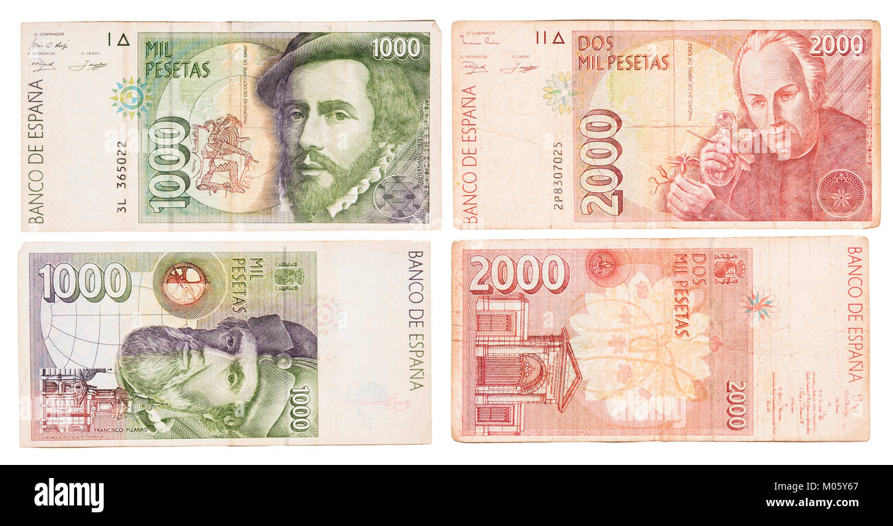 Obsolete Spanish bank notes isolated on a white background Stock Photo ...