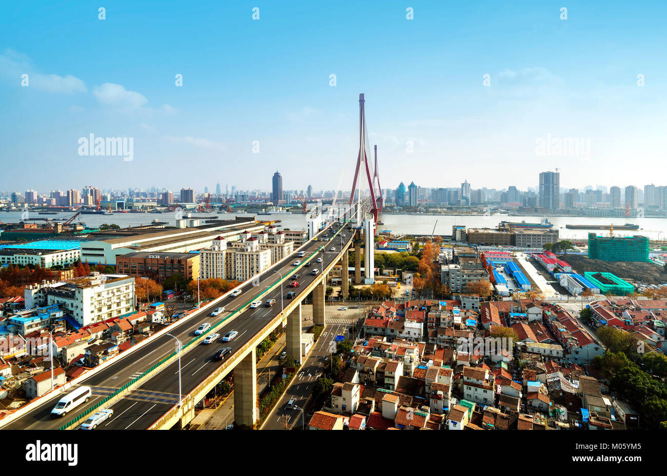 Yangpu Bridge of Shanghai, China - 2017: Elevated view of Yangpu ...