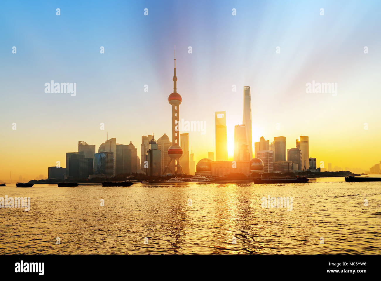 Shanghai morning panorama before sunrise with city skyline and colorful ...